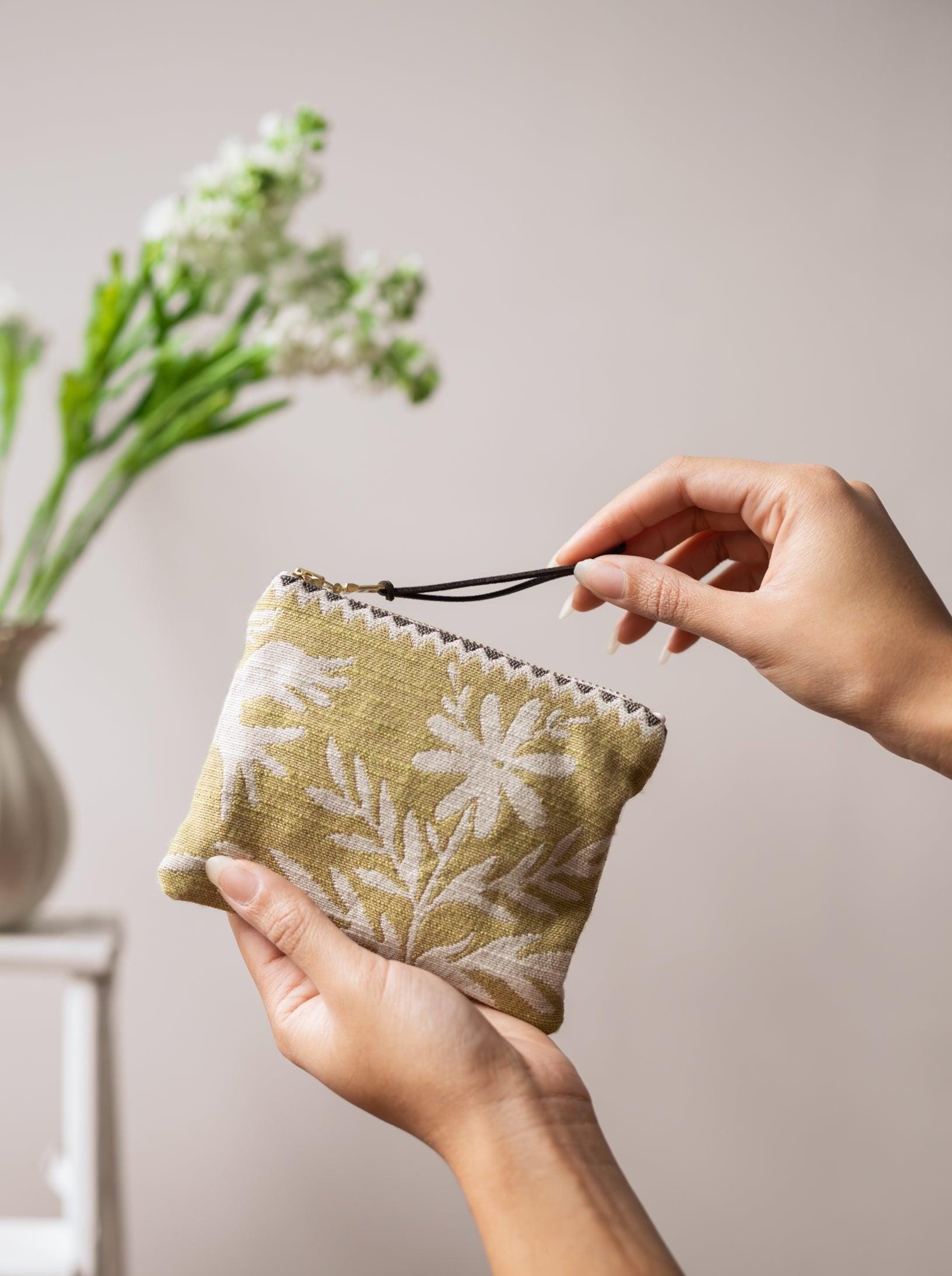 Folk Life Green Mini Pouch With Designer Upholstery Woven Cotton Fabric ...