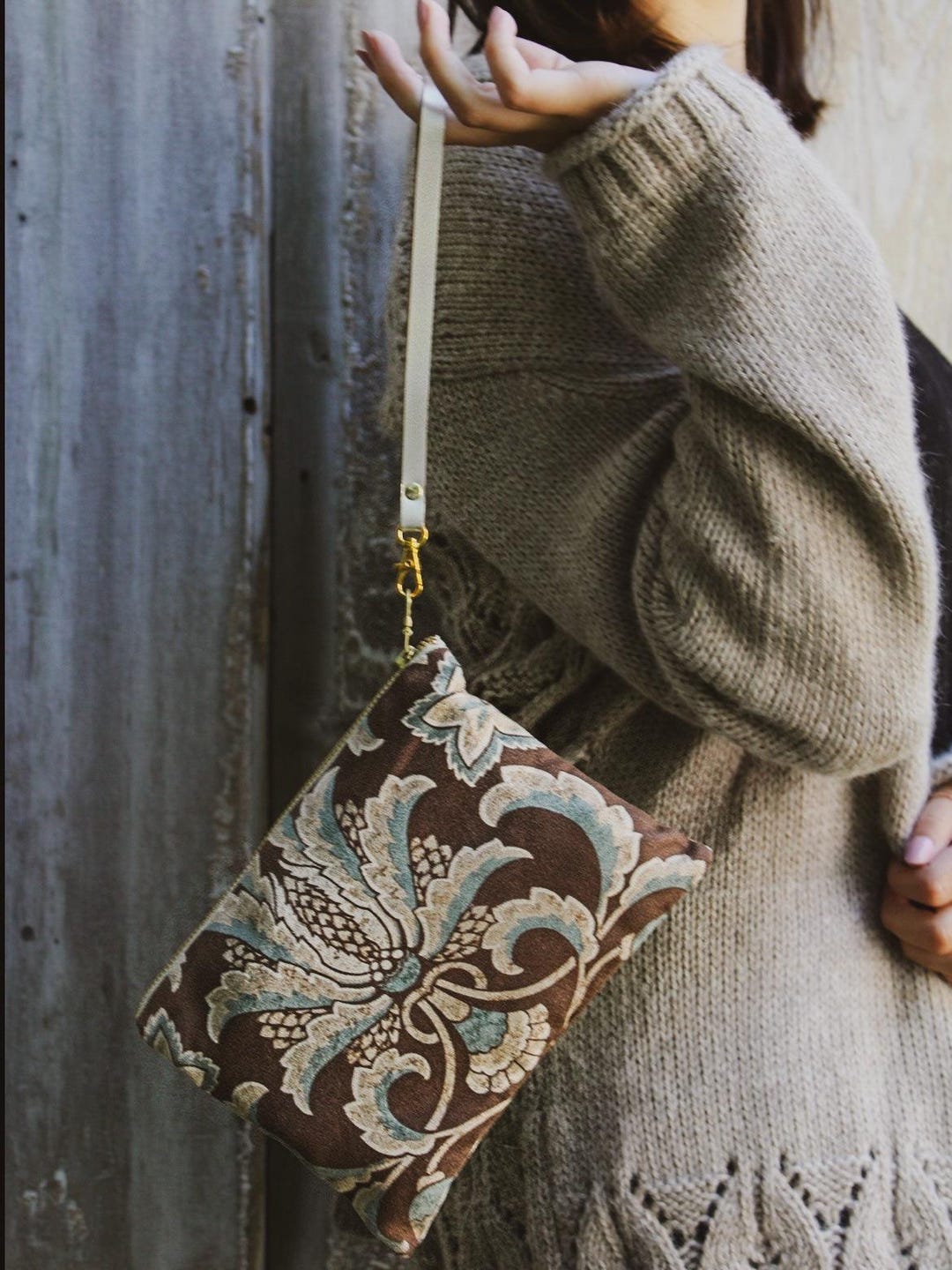 Egyptian Lotus Moleskin Zip Purse Brown Teal & Beige Handmade Handbag ...