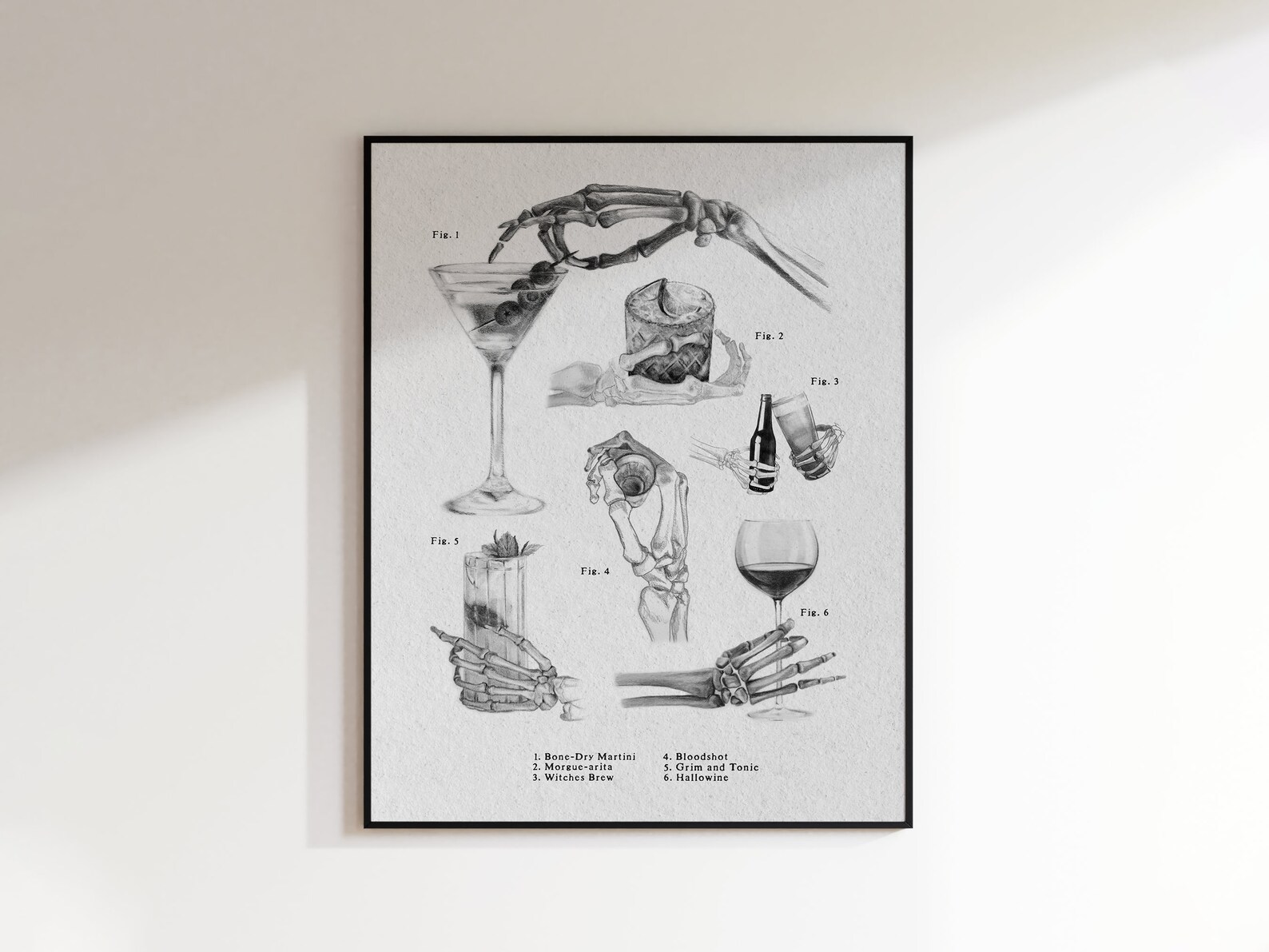 Halloween "spirits" Skeleton Hand Cocktail Drawing Print- Bar Cart Art ...
