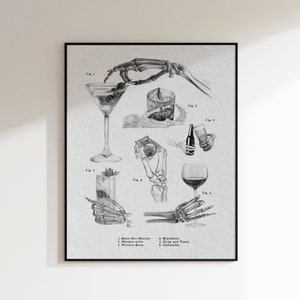 Halloween "spirits" Skeleton Hand Cocktail Drawing Print- Bar Cart Art ...