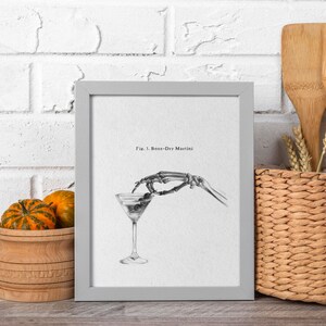 Martini "bone-dry" Skeleton Hand Halloween Drawing Print- Bar Cart Art ...