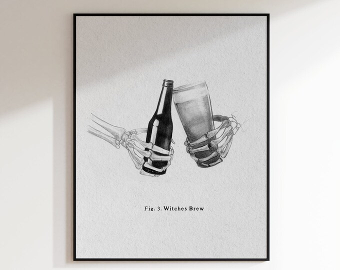 Martini bone-dry Skeleton Hand Halloween Drawing Print Bar Cart Art ...