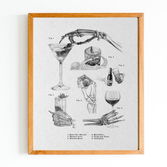 Halloween spirits Skeleton Hand Cocktail Drawing - Etsy