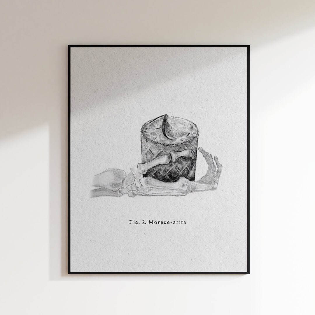 Margarita "morgue-arita" Skeleton Hand Halloween Drawing Print- Bar ...