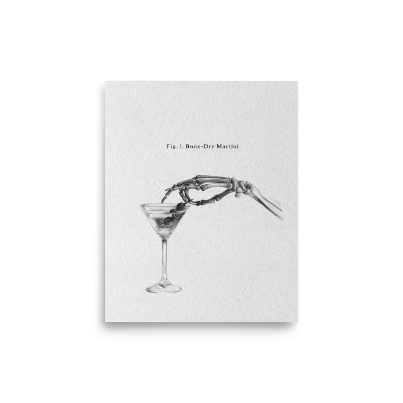 Martini "bone-dry" Skeleton Hand Halloween Drawing Print- Bar Cart Art ...