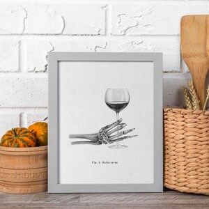Wine "hallo-wine" Skeleton Hand Drawing Print- Bar Cart Art, Kitchen ...