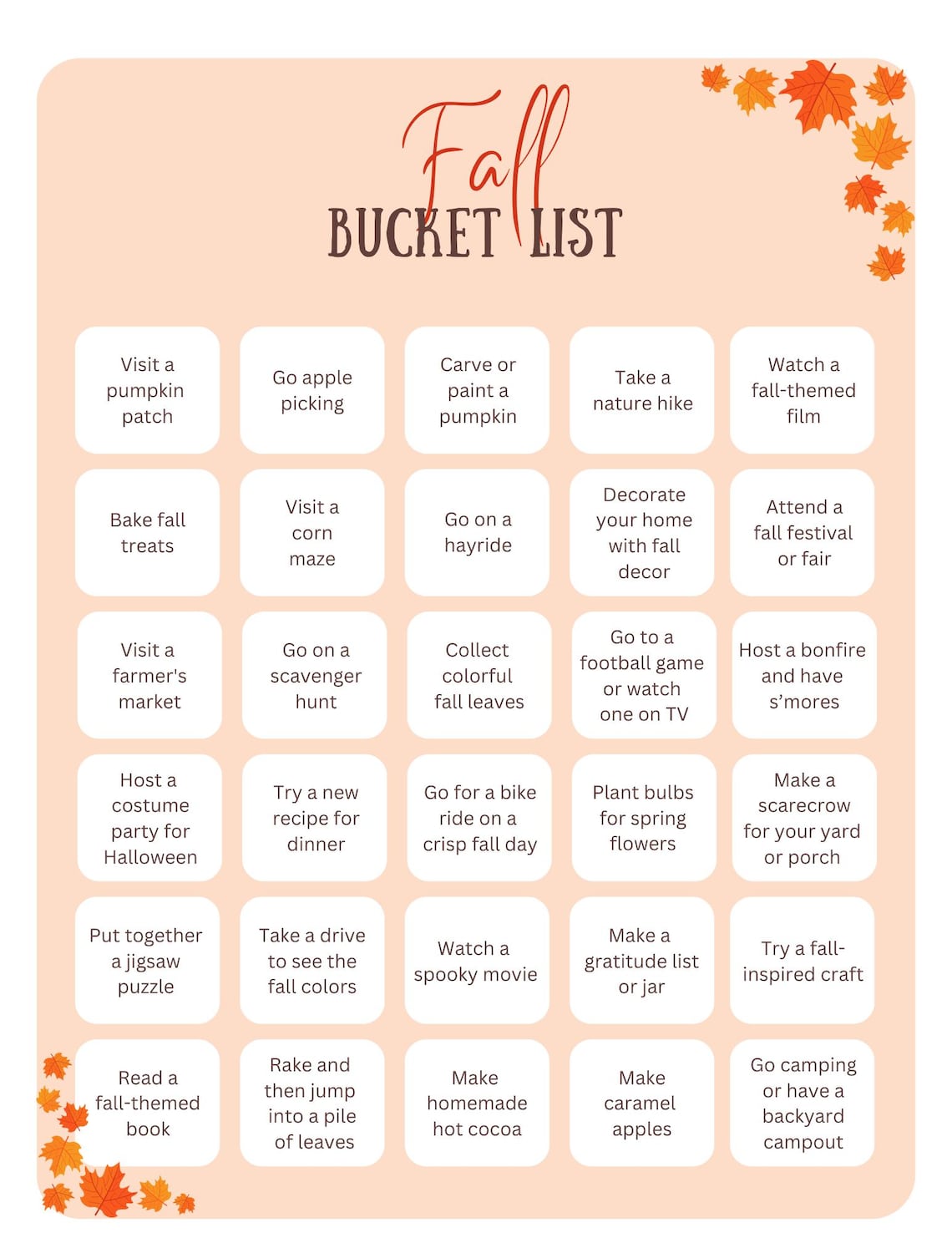 Fall Bucket List digital Download Activities for Families and Kids to ...