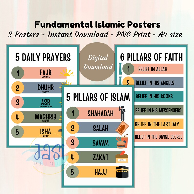 Educational Posters Islamic 5 Pillars 6 Pillars and Salah for Toddlers ...