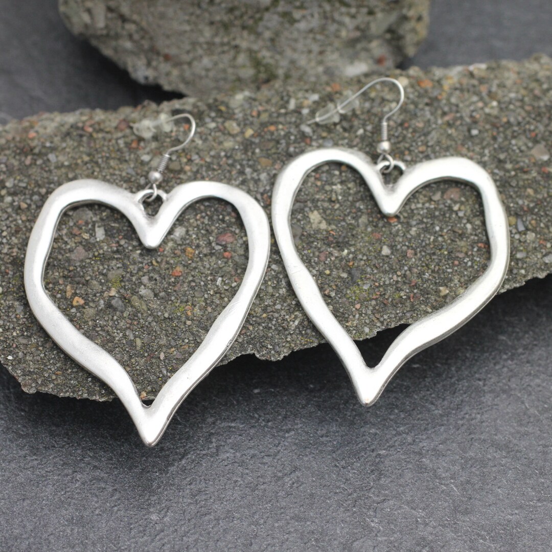 Silver Heart Earrings, Dangle Earrings, Statement Earrings, Big Heart ...