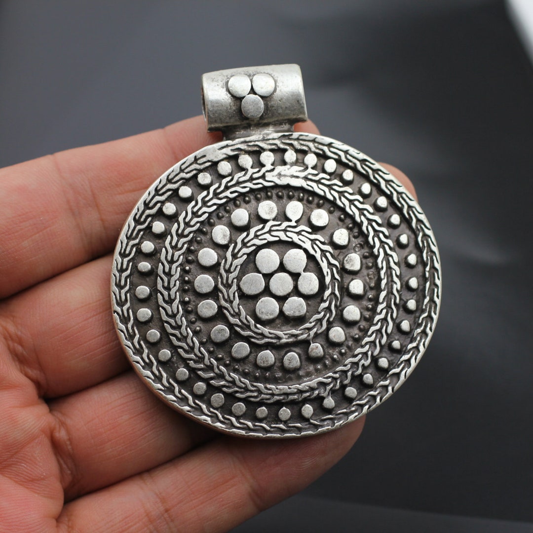 Silver Round Pendant, Big Round Pendant, Ethnic Pendant, Boho Pendant ...