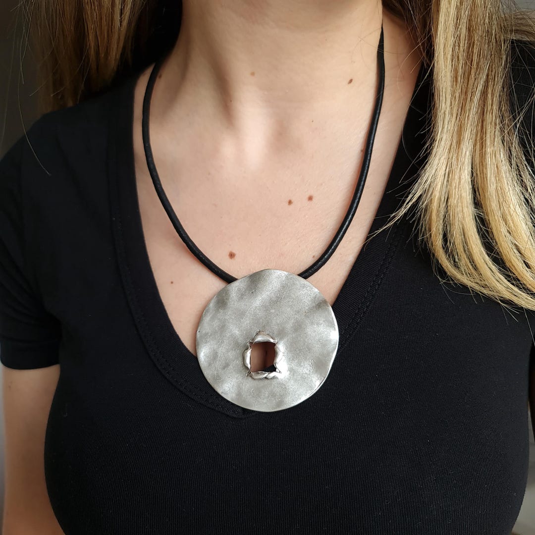 Silver Round Pendant, Big Round Pendant, Circle Pendant, Leather ...