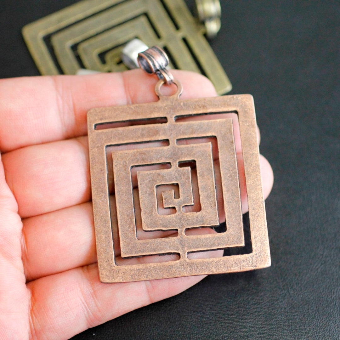 Square Labyrinth Pendant, Spiral Square Pendant, Copper Jewelry Making ...