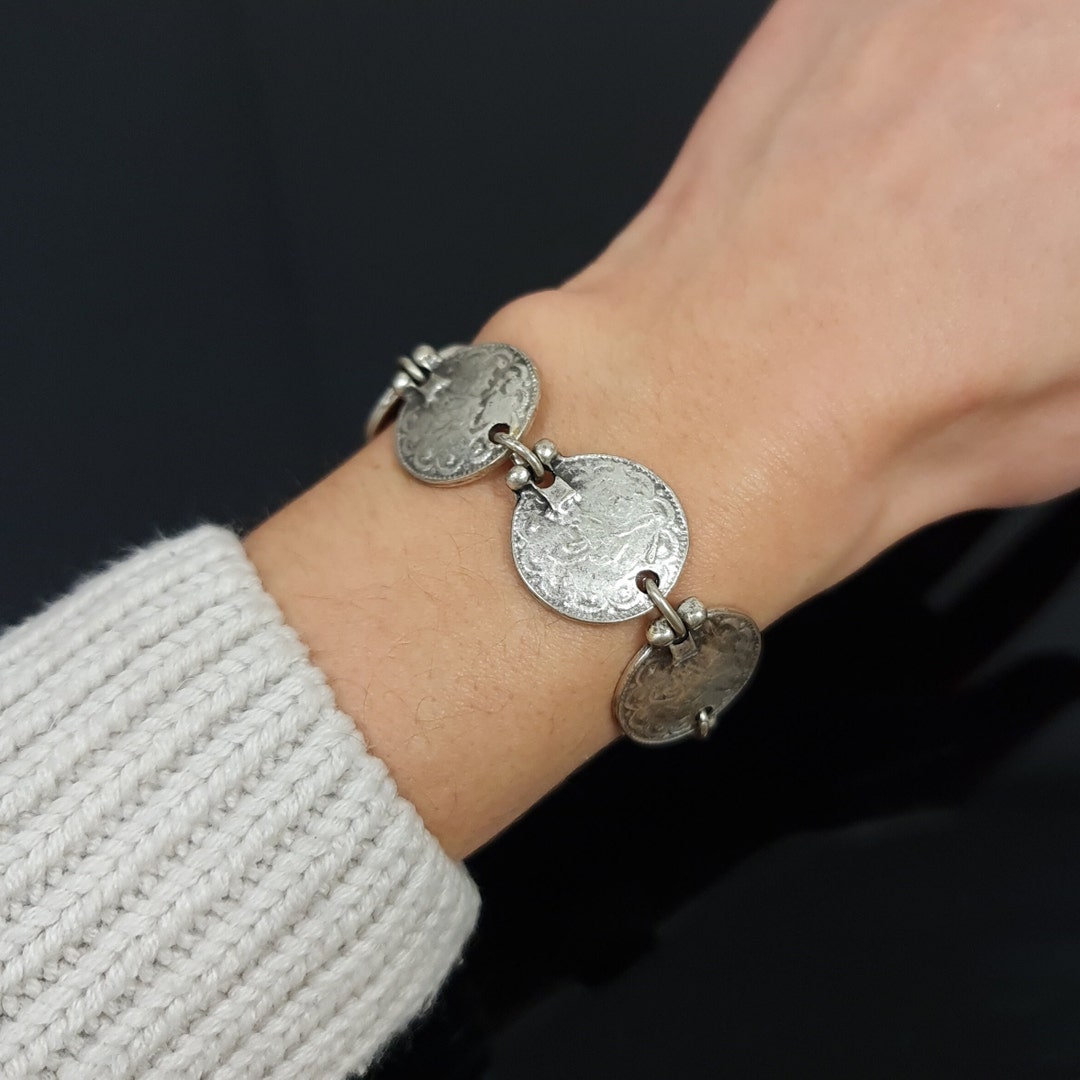 Large Antique Silver Disc Bracelet, Big Circles Zamak Metal Vintage Boho Chunky Adjustable ...