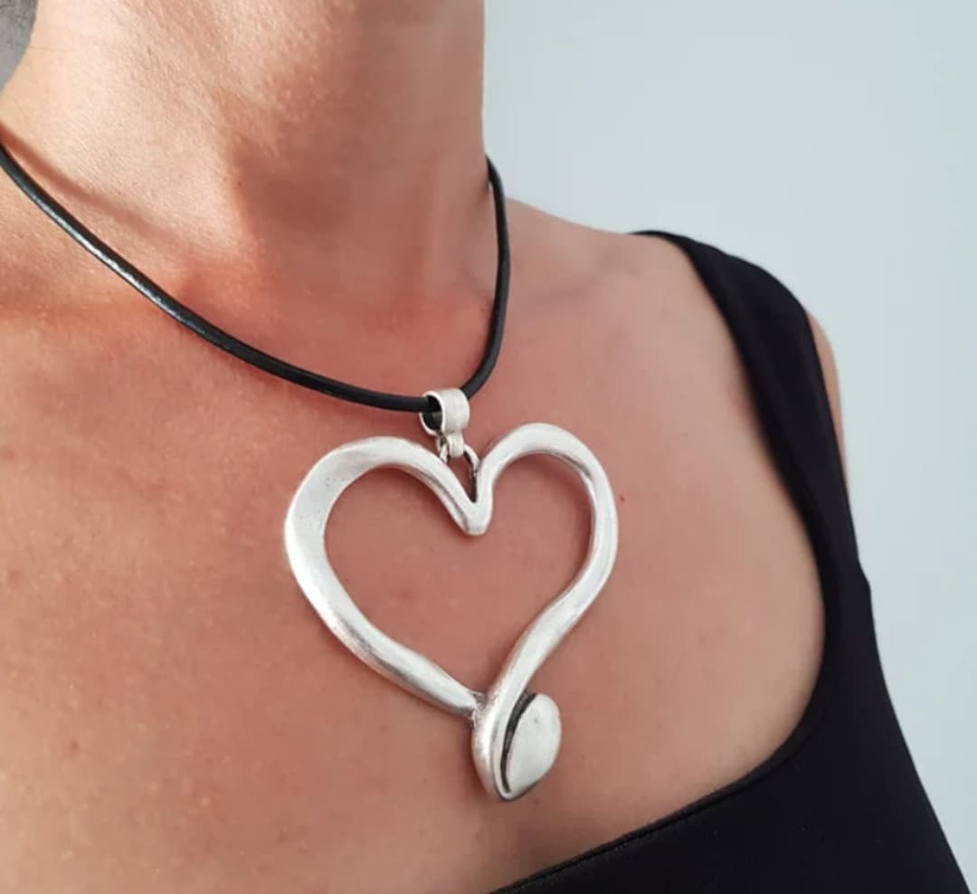 Antique Silver Big Heart Pendant, Large Pendant, Heart Pendant Necklace ...