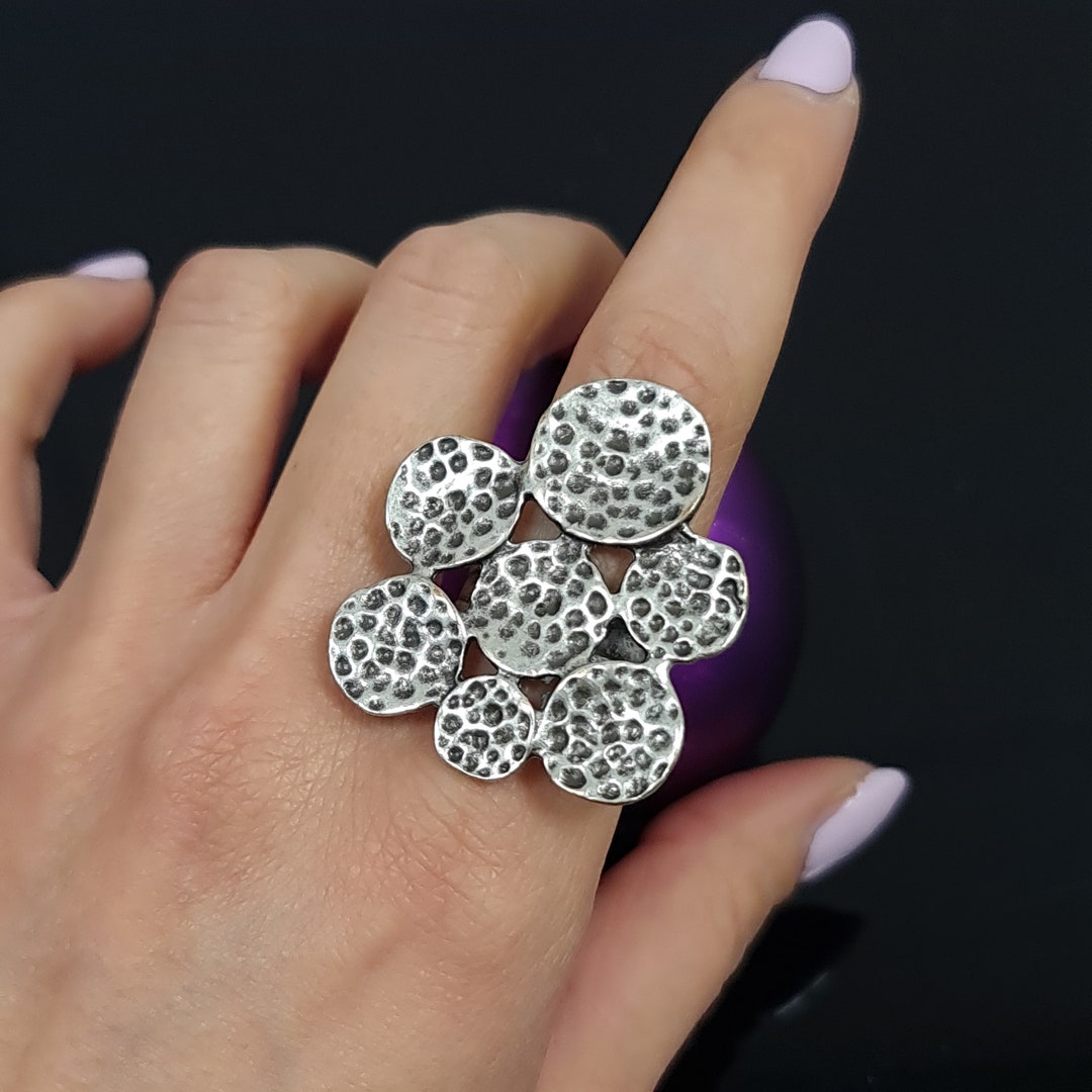 Silver Round Balls Ring, Hammered Ring, Large Ring, Flower Ring, Shaman ...