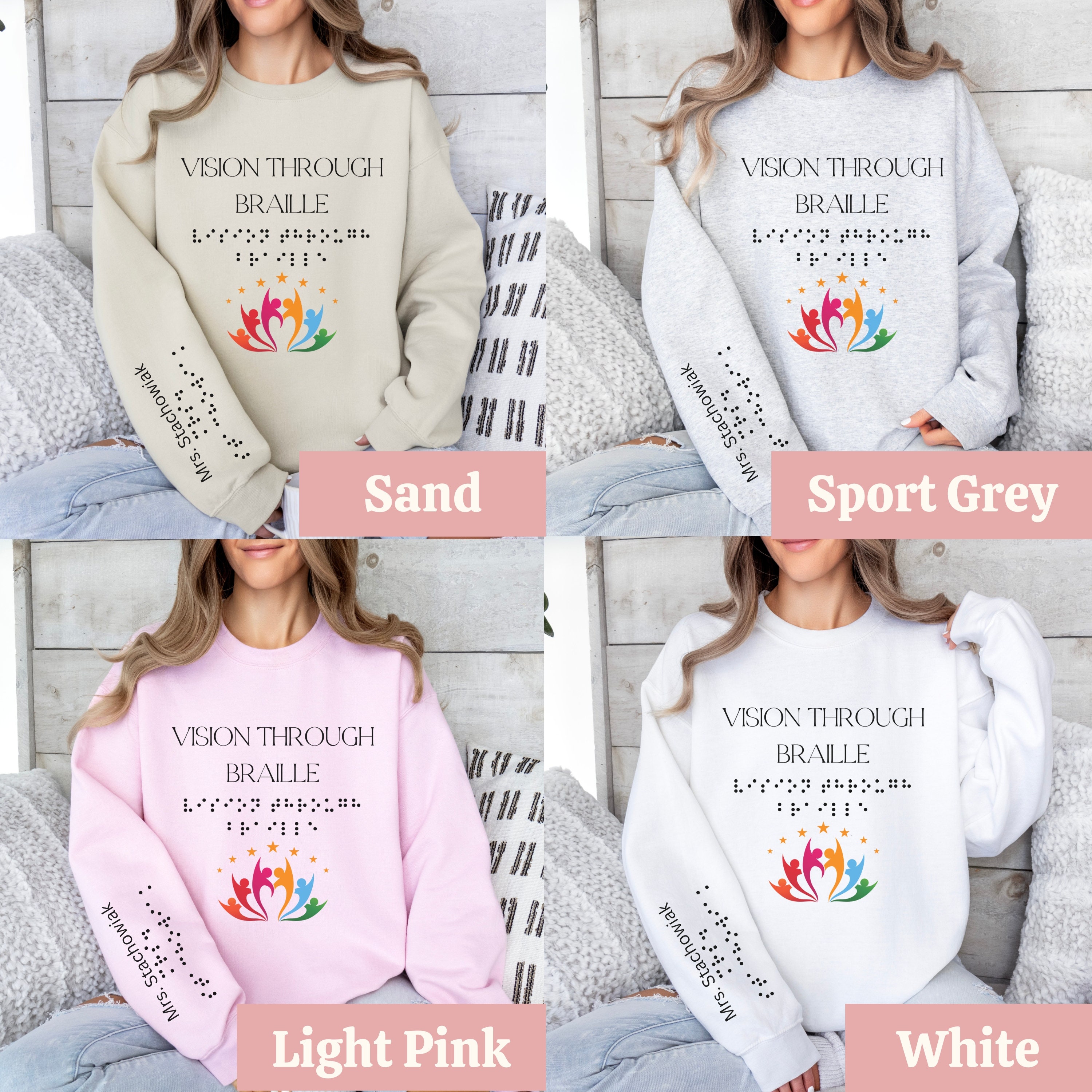 Personalized Vision Through Braille Sleeve Print Sweatshirt ...
