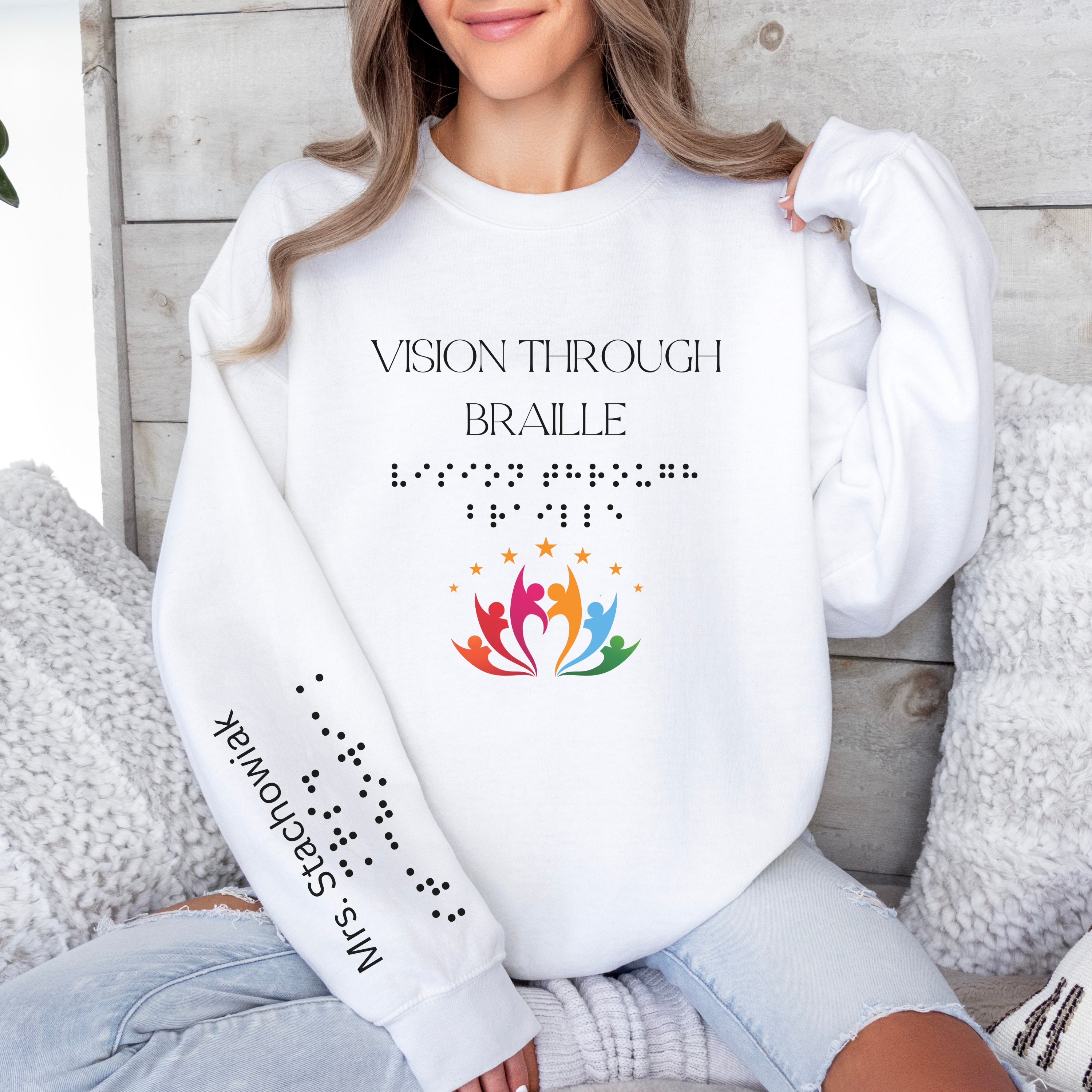 Personalized Vision Through Braille Sleeve Print Sweatshirt ...