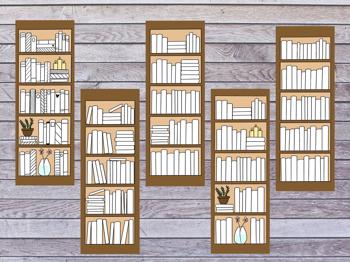 Printable Colouring Bookcase Bookmarks, Digital Bookmarks With ...