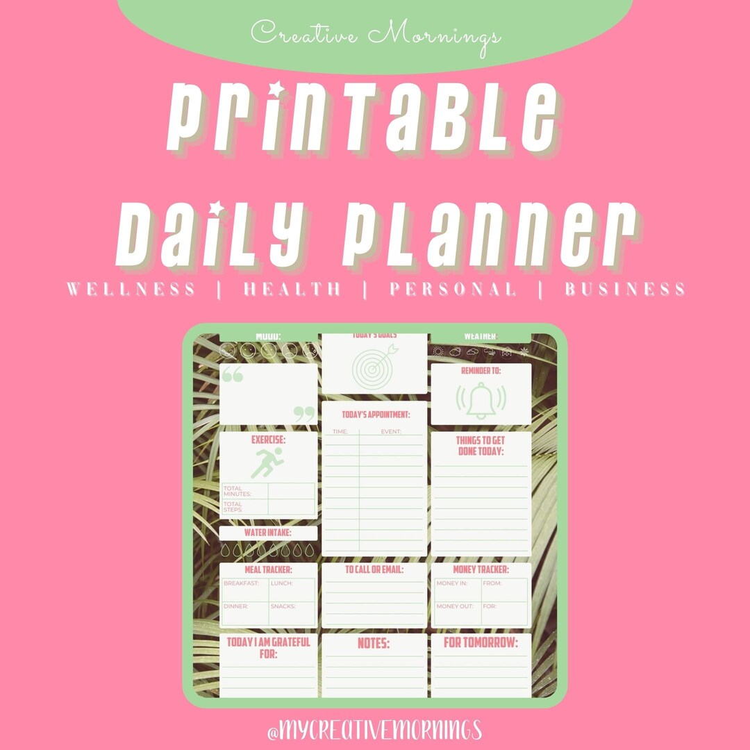 Daily Planner Pink Greenery-- Digital Printable Daily Page for Planner ...