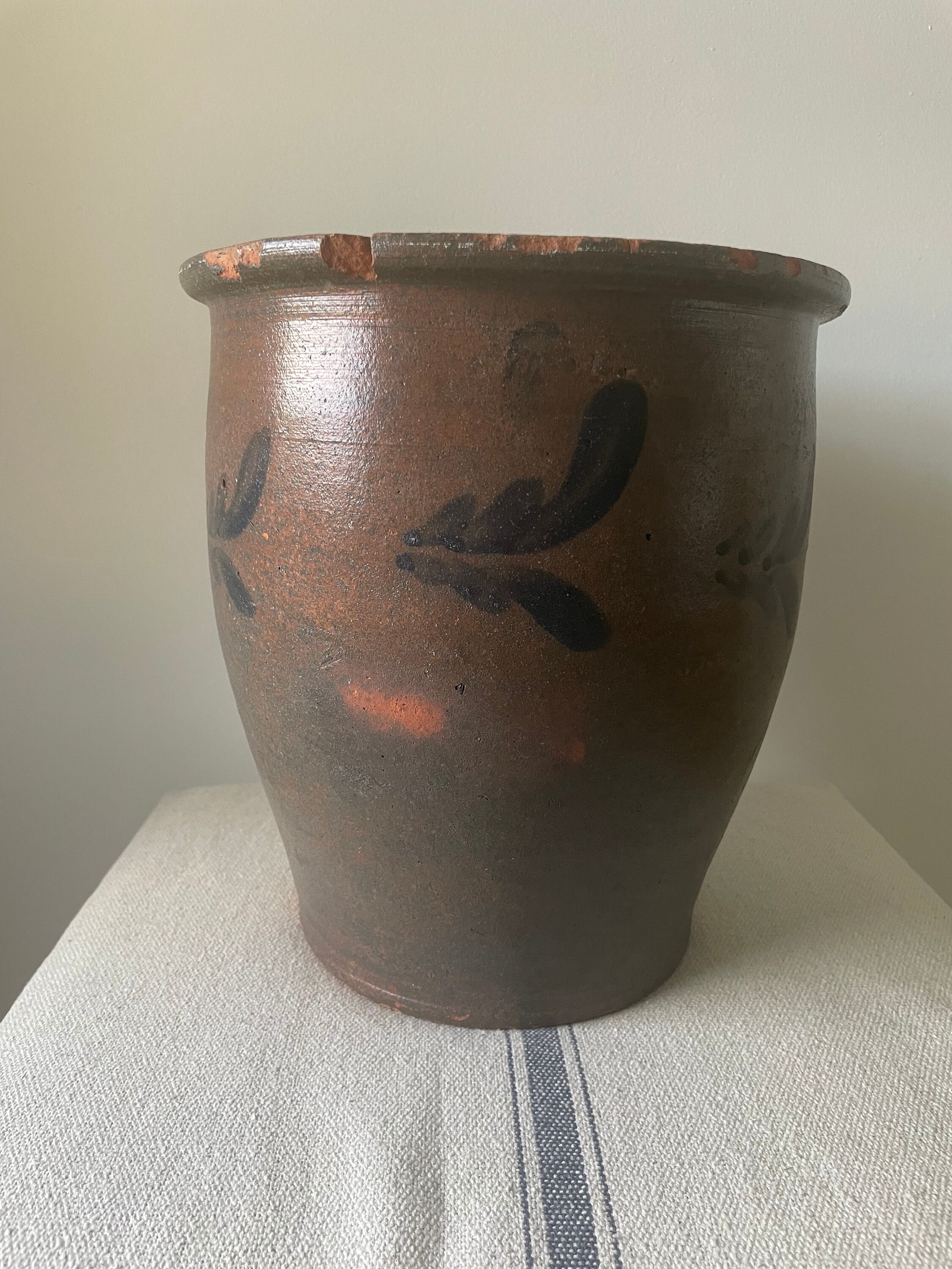 Antique 2 Gallon Crock Damaged Cracks Chips Cobalt Blue Salt Glazed Stoneware Primitive Unique 2 ...