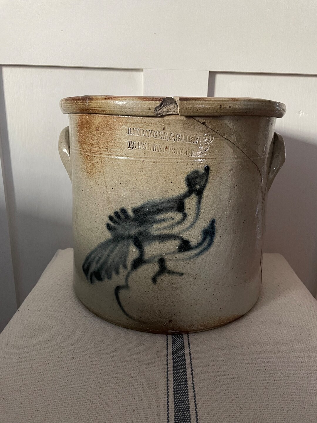 Antique 3 Gallon Crock With Handles Damaged cobalt Blue With Bird and ...