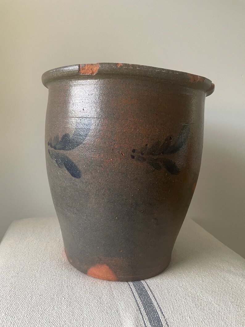 Antique 2 Gallon Crock Damaged Cracks Chips Cobalt Blue Salt Glazed Stoneware Primitive Unique 2 ...