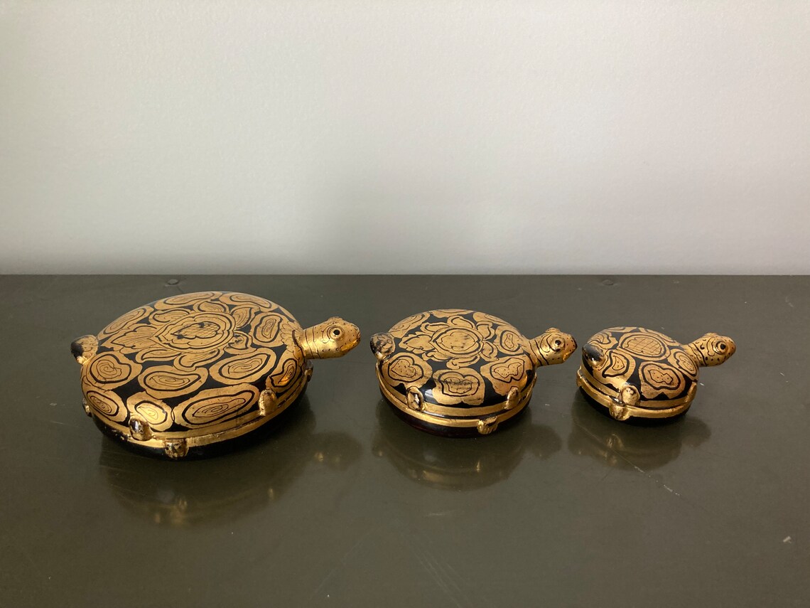 Vintage Burmese Gold and Black Lacquered Wood Turtle Container - Etsy