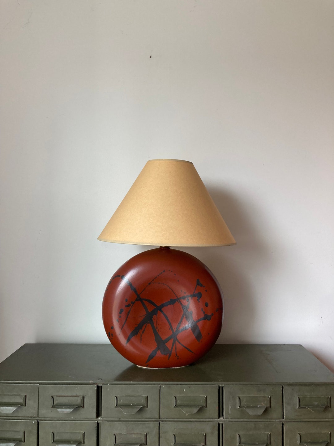 Vintage 1990s Post Modern Round Abstract Ceramic Table Lamp and Shade ...