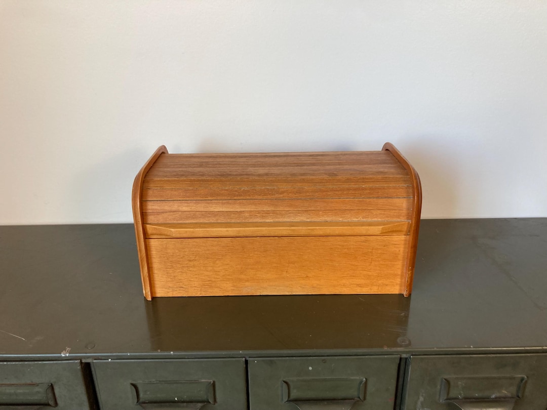 Vintage Teak Tambour Roll Top Storage Box, Desk Top Organizer - Etsy