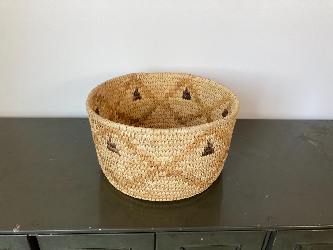 Vintage Pima or Papago Hand-woven Coiled Basket With Geometric Designs ...