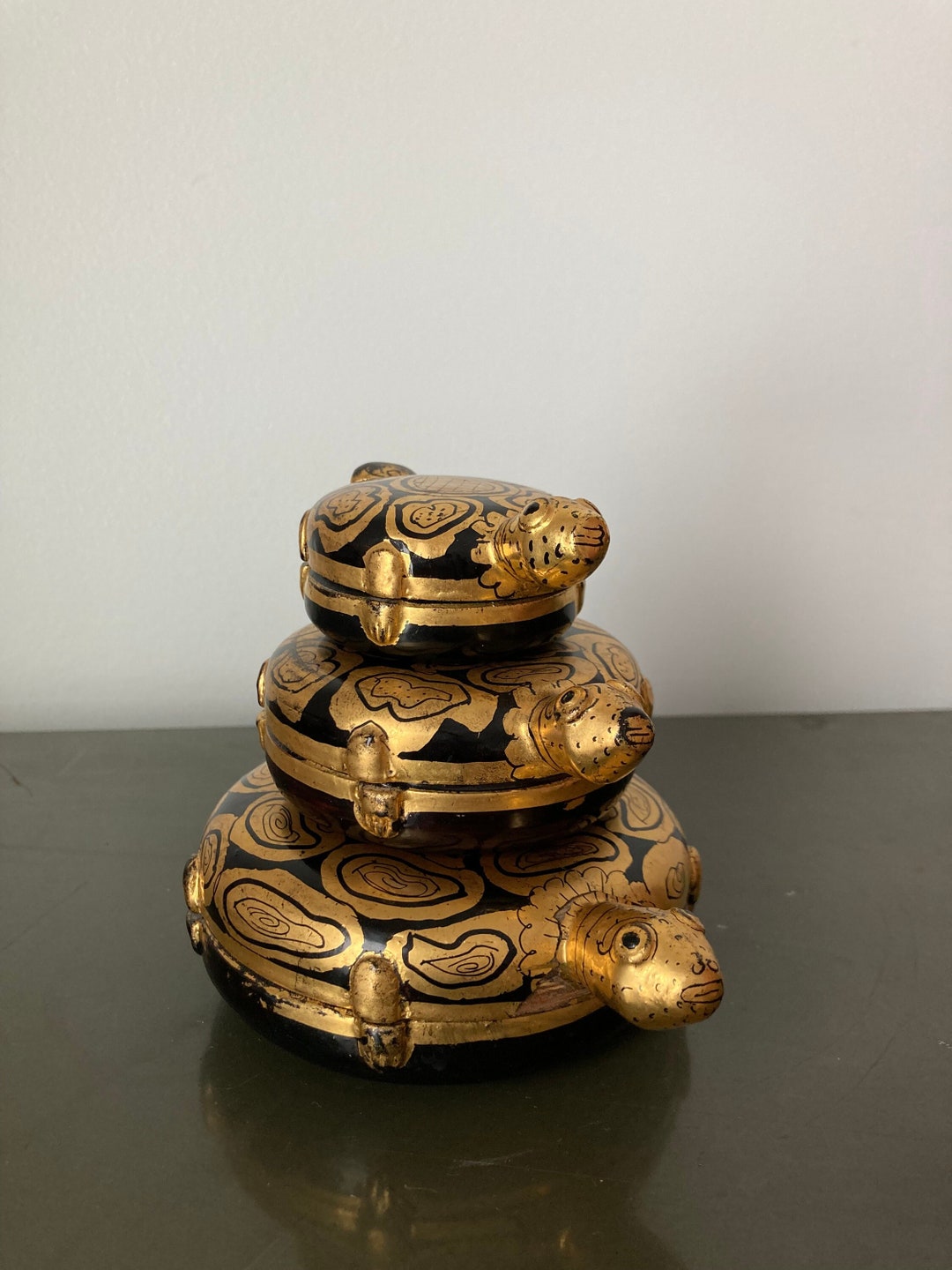 Vintage Burmese Gold and Black Lacquered Wood Turtle Container Boxes ...