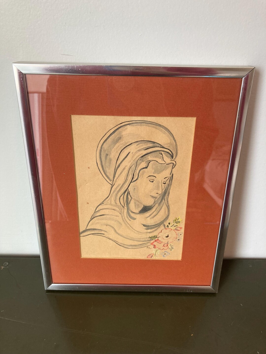 Vintage Midcentury Framed Madonna Art Drawing With Halo and Flowers ...