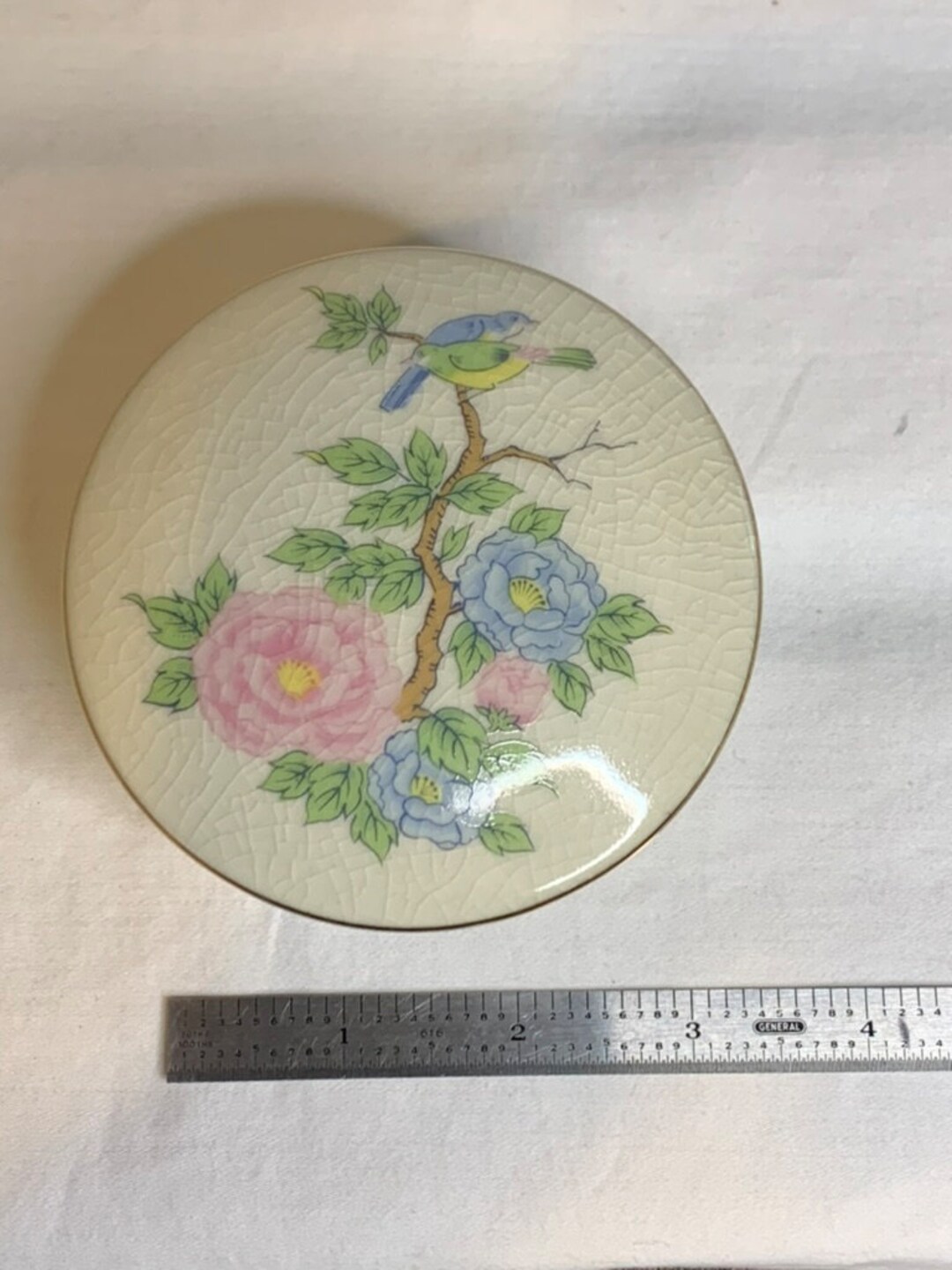 Japanese Porcelain Trinket Box W/lid Blue Bird & Yellow Bird Sitting on ...