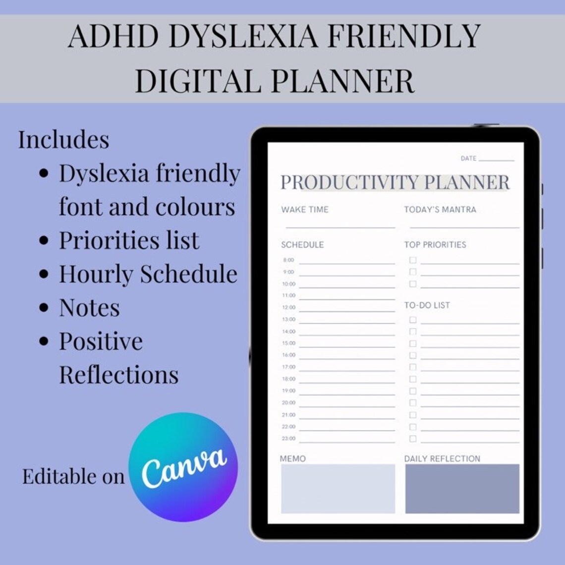 ADHD DYSLEXIA Friendly Planner, Digital Planner, Undated Planner ...