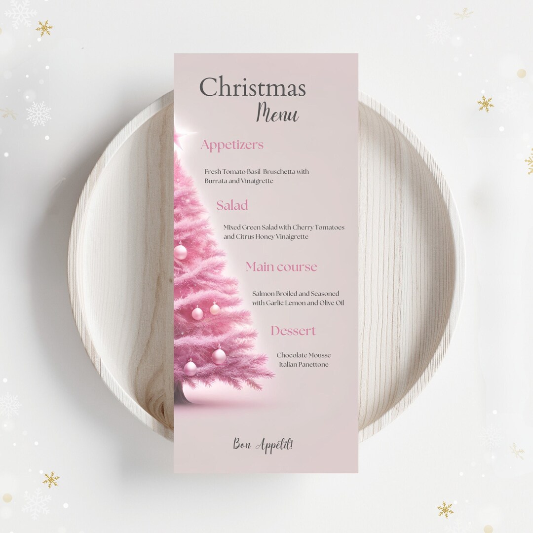 Pink Christmas Menu Template Customizable in Canva With Christmas Tree ...