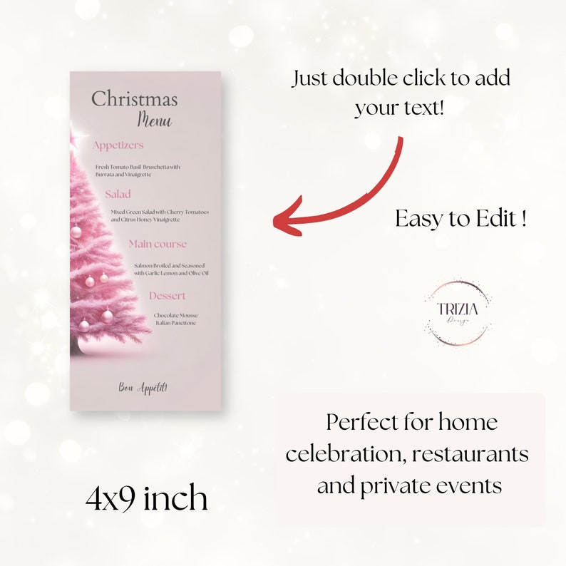 Pink Christmas Menu Template Customizable in Canva With Christmas Tree ...