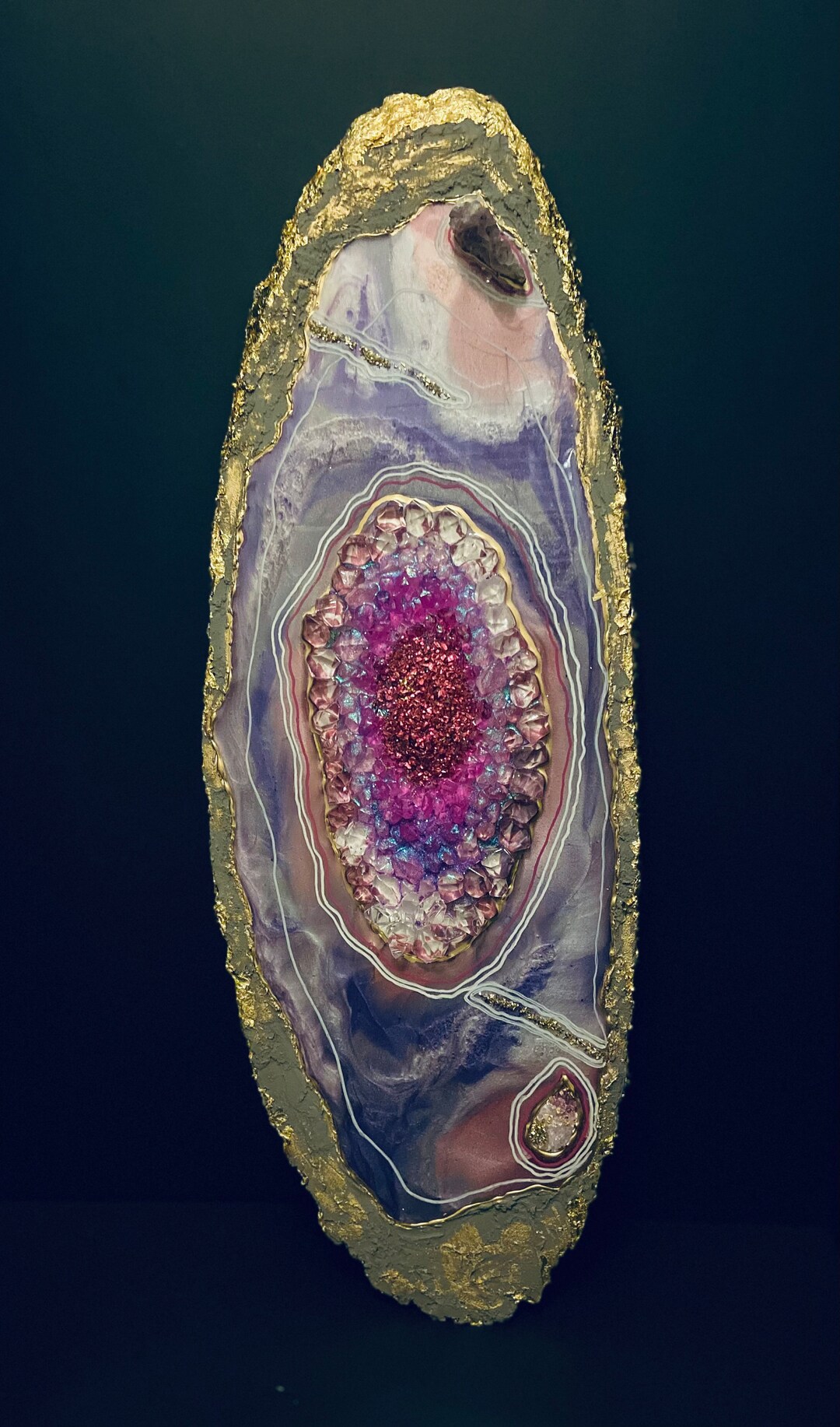 Purple Haze Resin Geode Art on Oval Wood Gray Texture and Gold Leaf ...