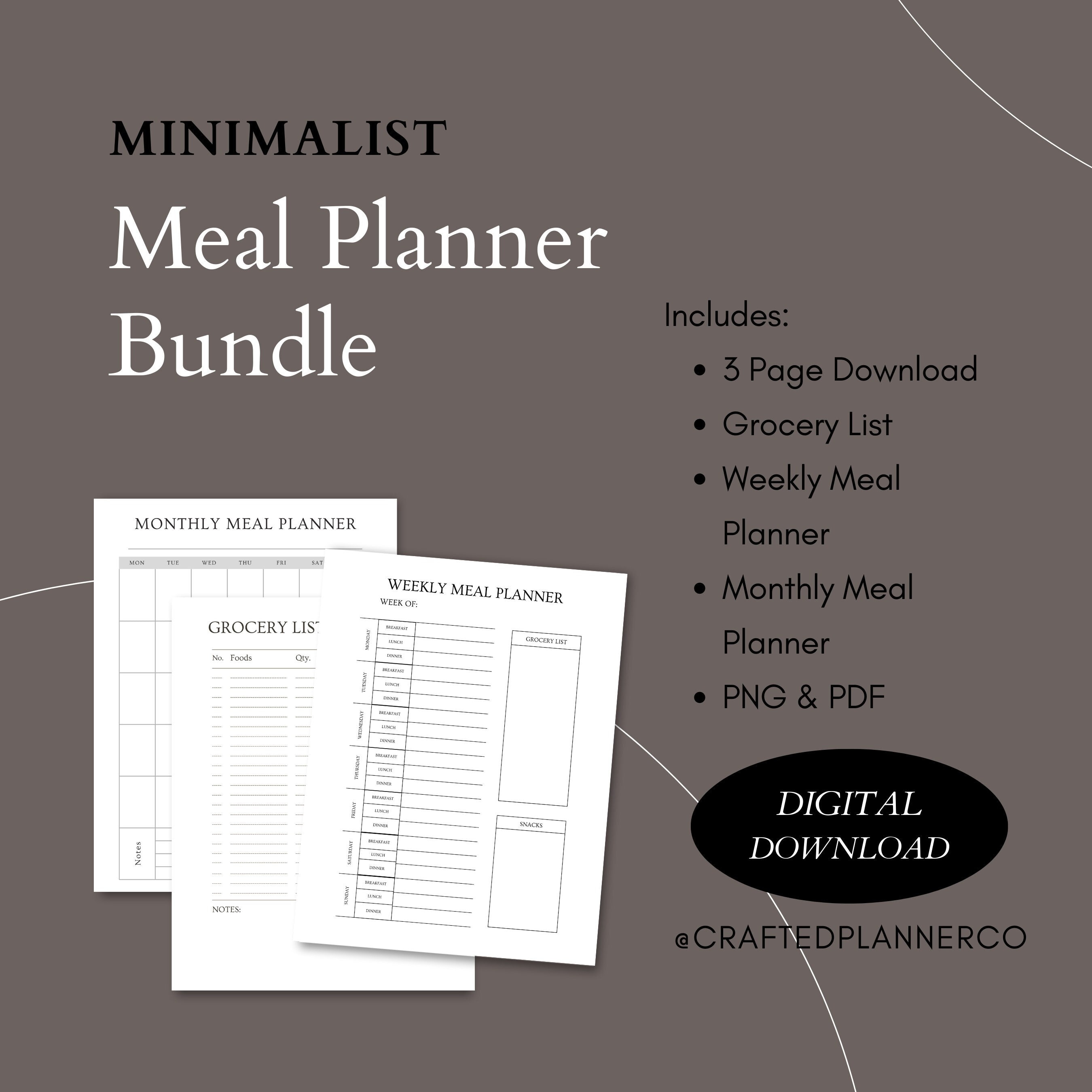 Minimalist Undated Meal Planner Bundle Includes Grocery List, Monthly ...