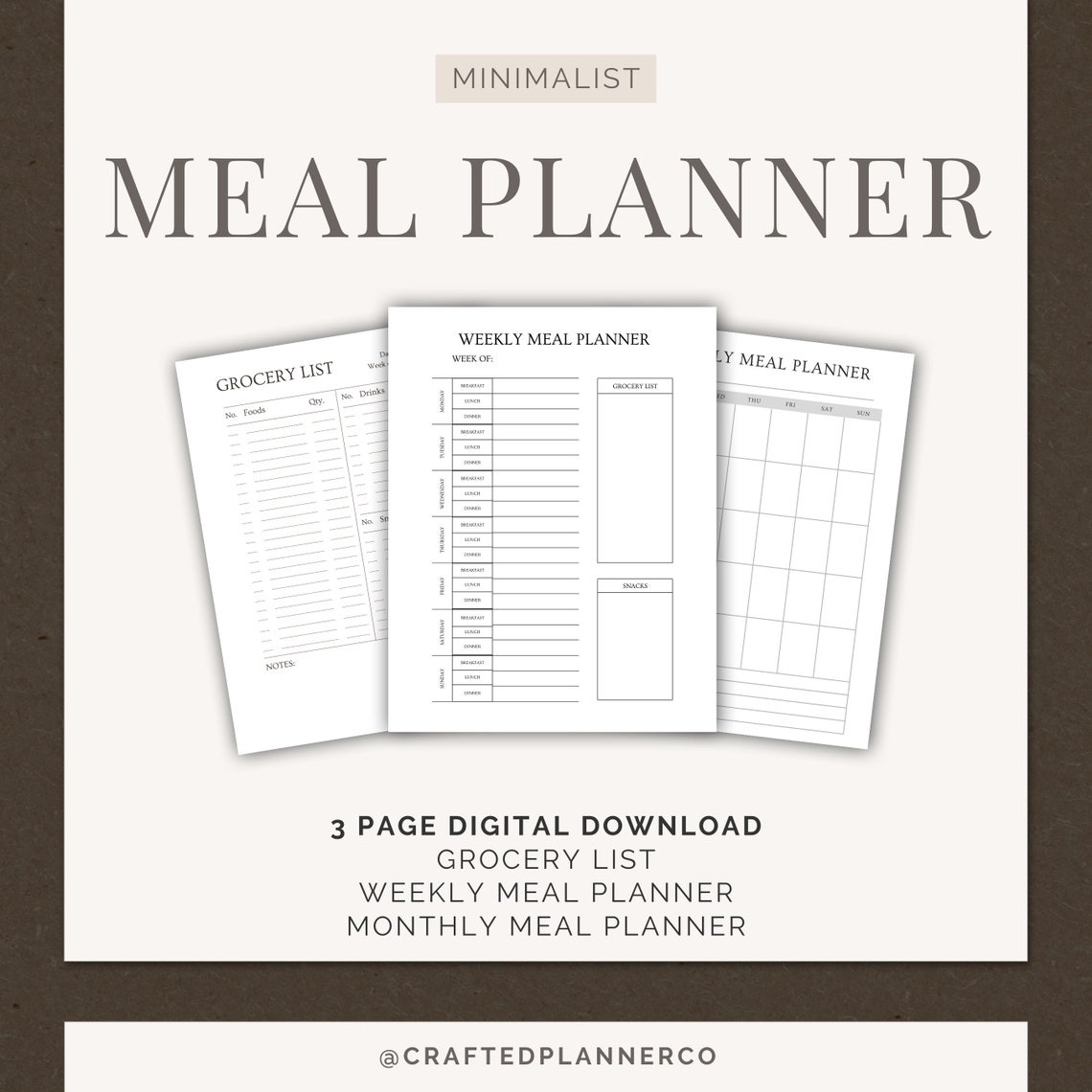 Minimalist Undated Meal Planner Bundle Includes Grocery List, Monthly ...