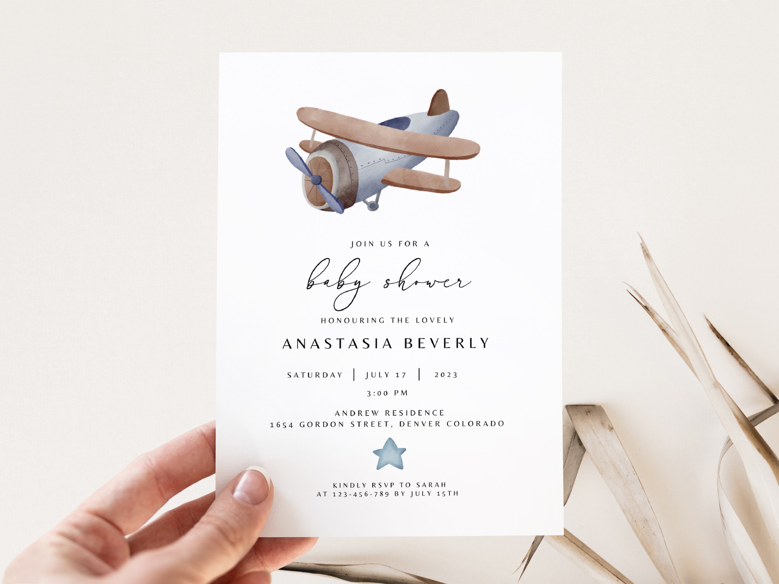 Airplane Baby Shower Invitation Template, Editable Printable Invite ...