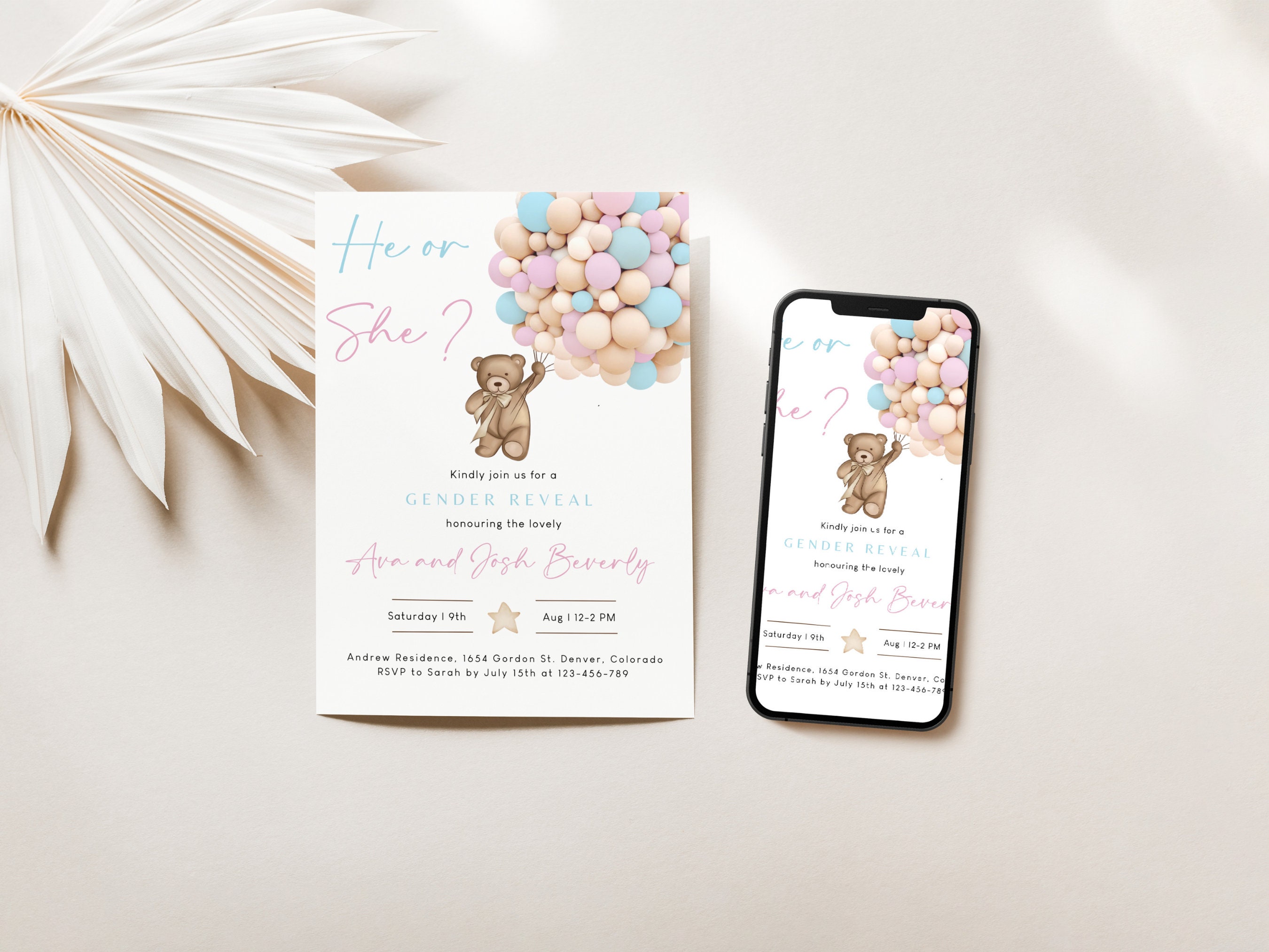 Editable Bear Balloons Gender Reveal Editable Invitation Template, We ...