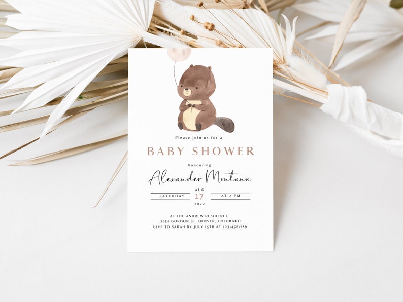 Editable Beaver Balloon Beaver Theme Baby Shower Invitation Boho Invite ...