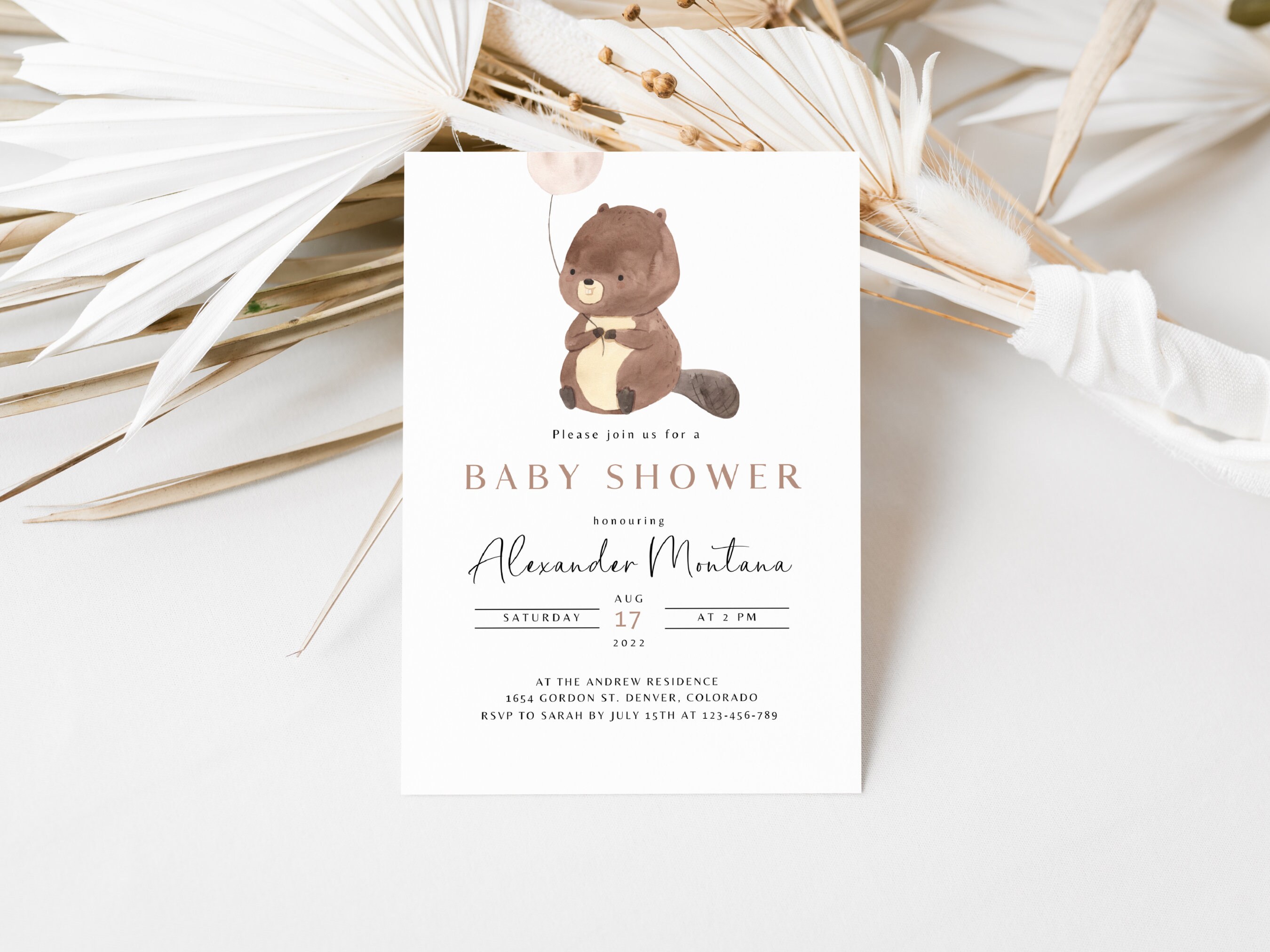 Editable Beaver Balloon Beaver Theme Baby Shower Invitation Boho Invite ...
