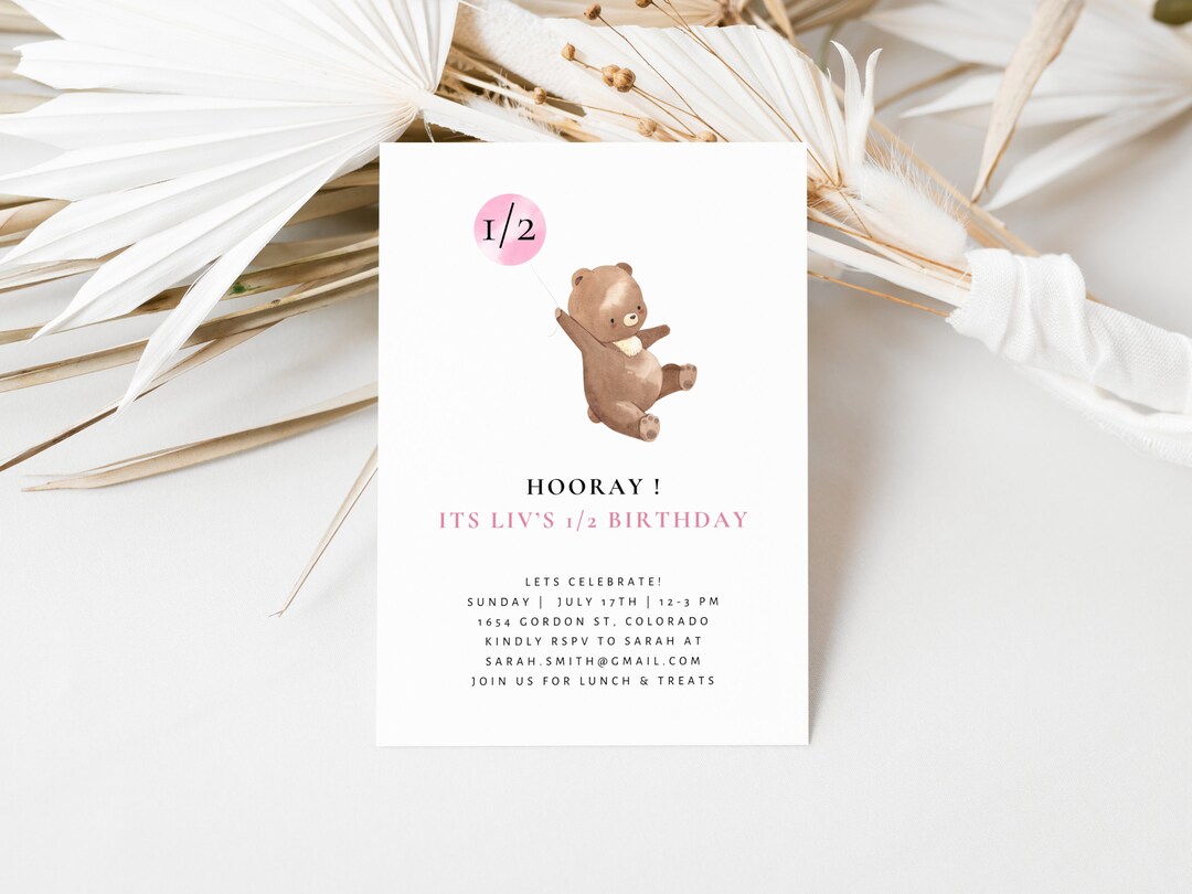 Printable Baby Girl Half Birthday Invitation, 6 Months Pink Bear ...