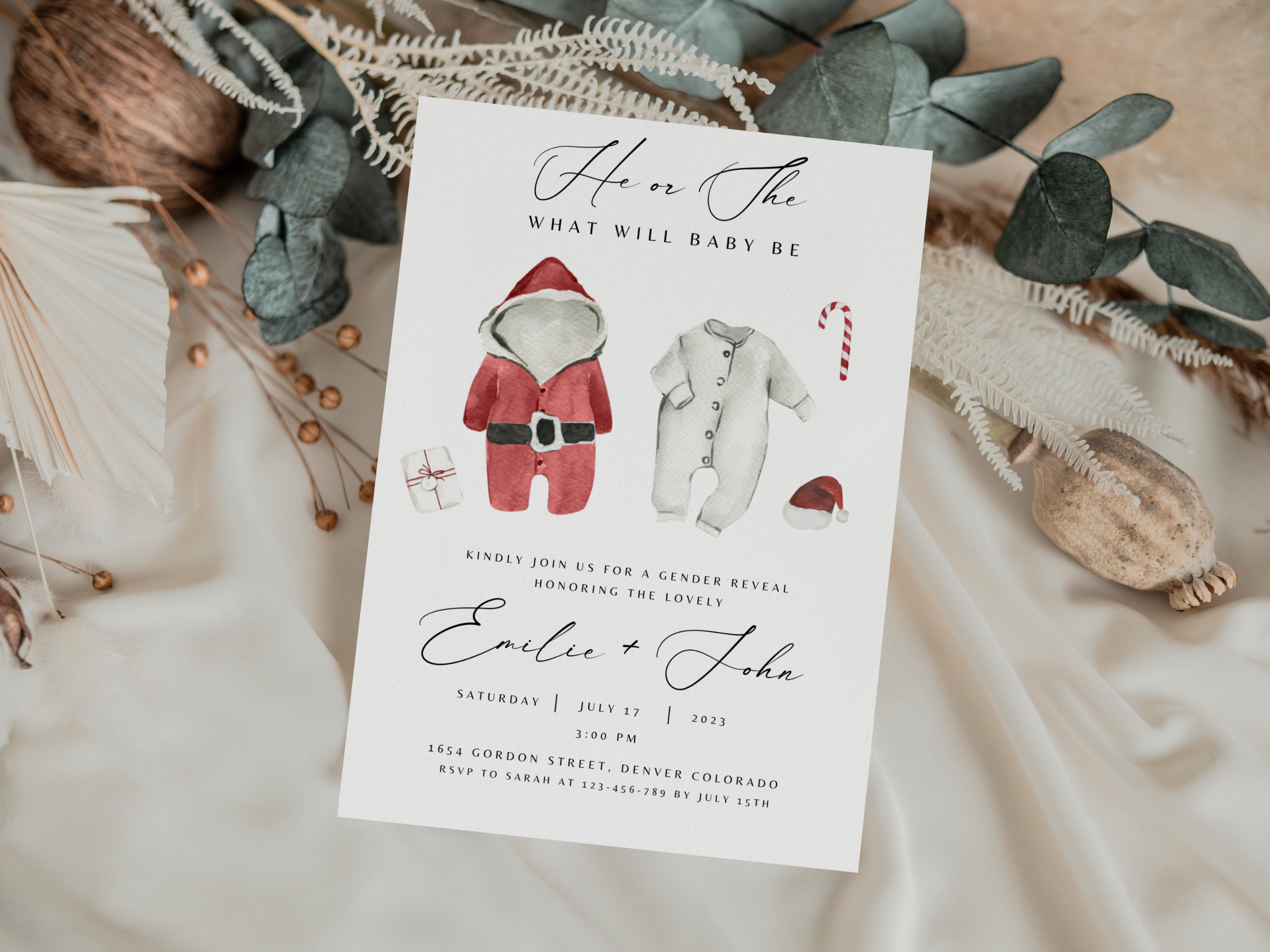 Christmas Gender Reveal Invitation, Editable Baby Clothes Invite, Santa ...
