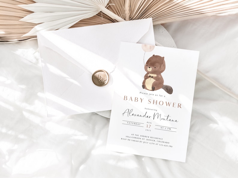 Editable Beaver Balloon Beaver Theme Baby Shower Invitation Boho Invite ...