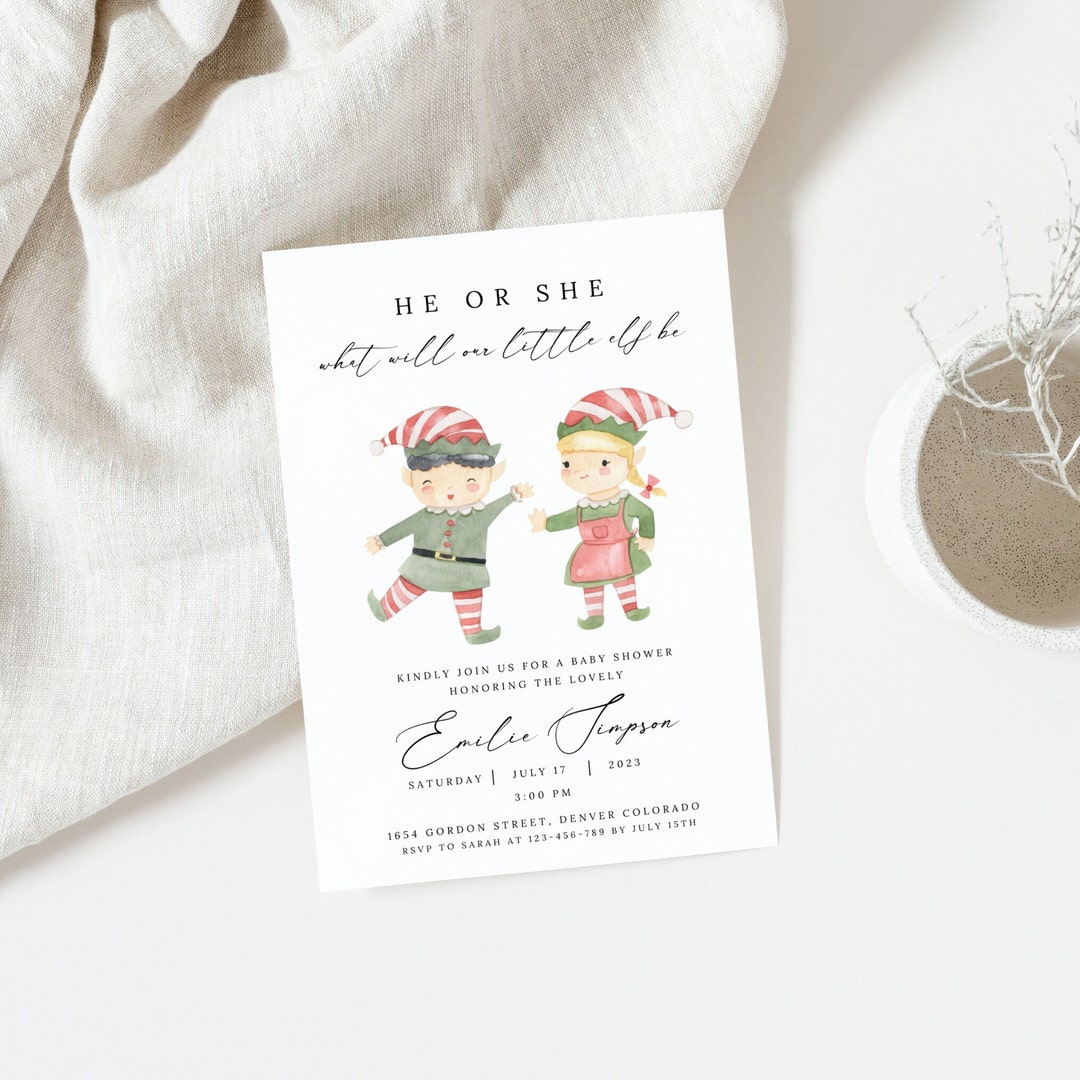 Christmas Elf Gender Reveal Invitation: Editable Winter Theme (digital ...