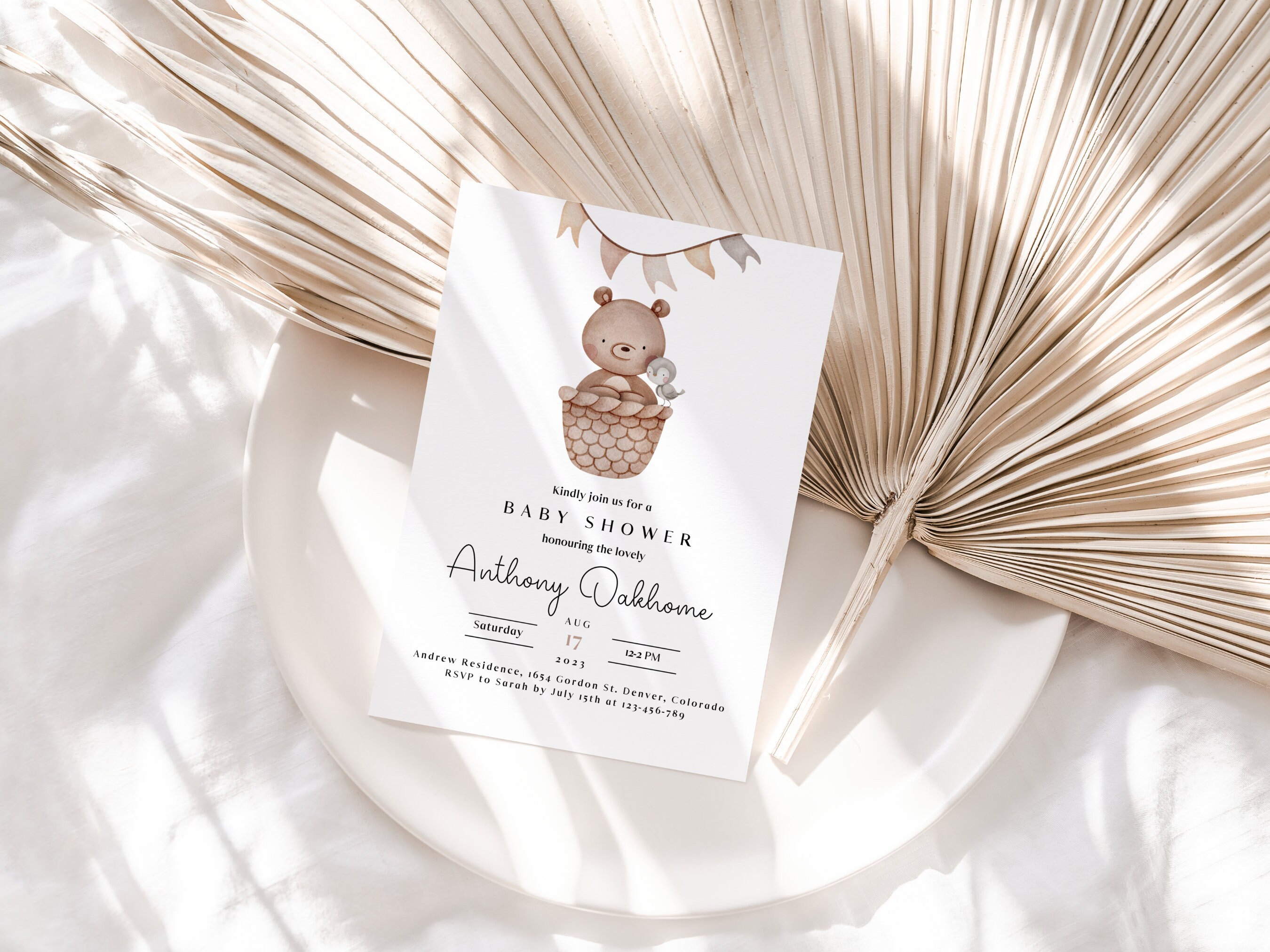 Plantilla de invitación de baby shower de oso boho, invitación de baby ...