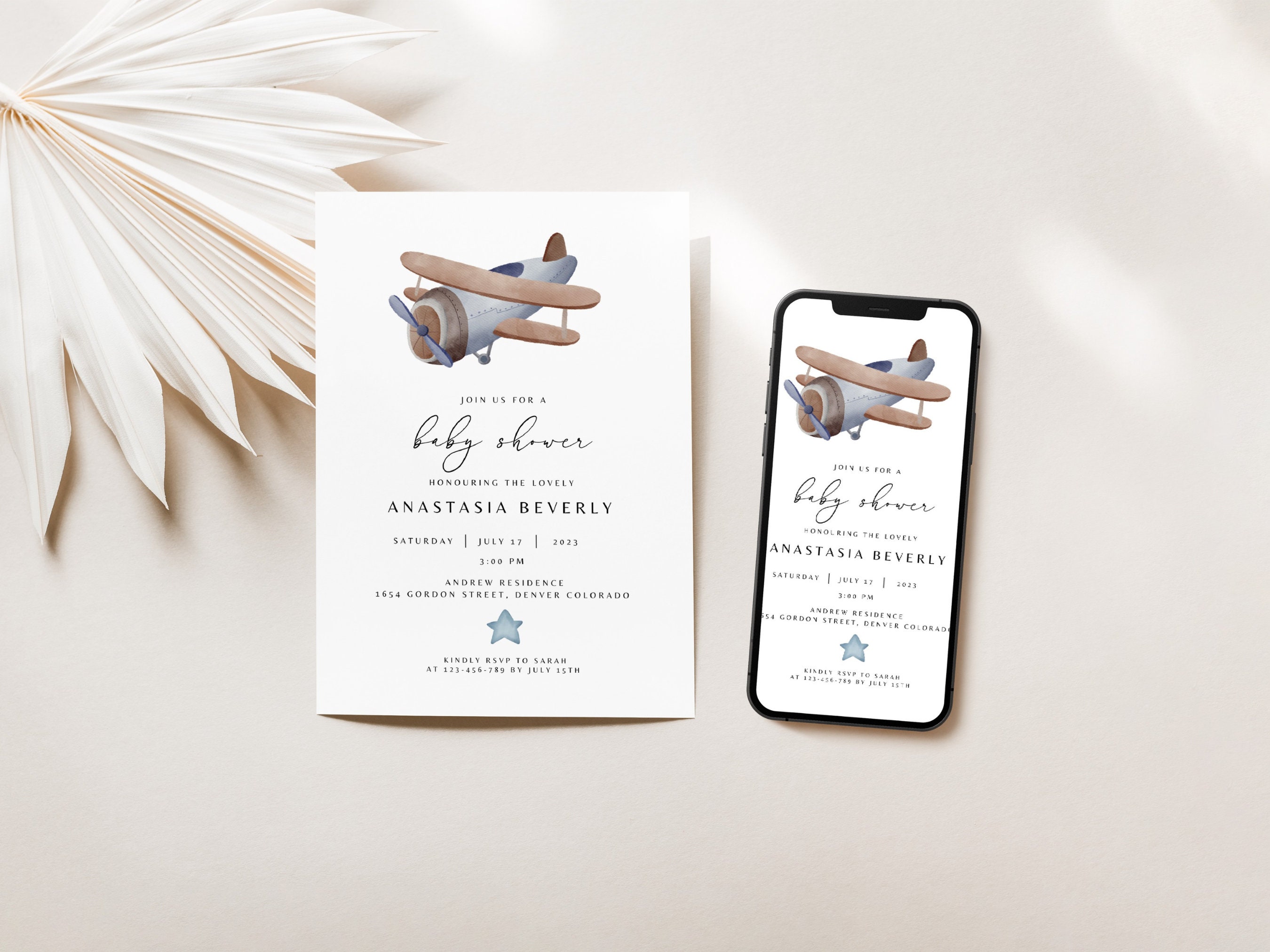 Airplane Baby Shower Invitation Template, Editable Printable Invite ...