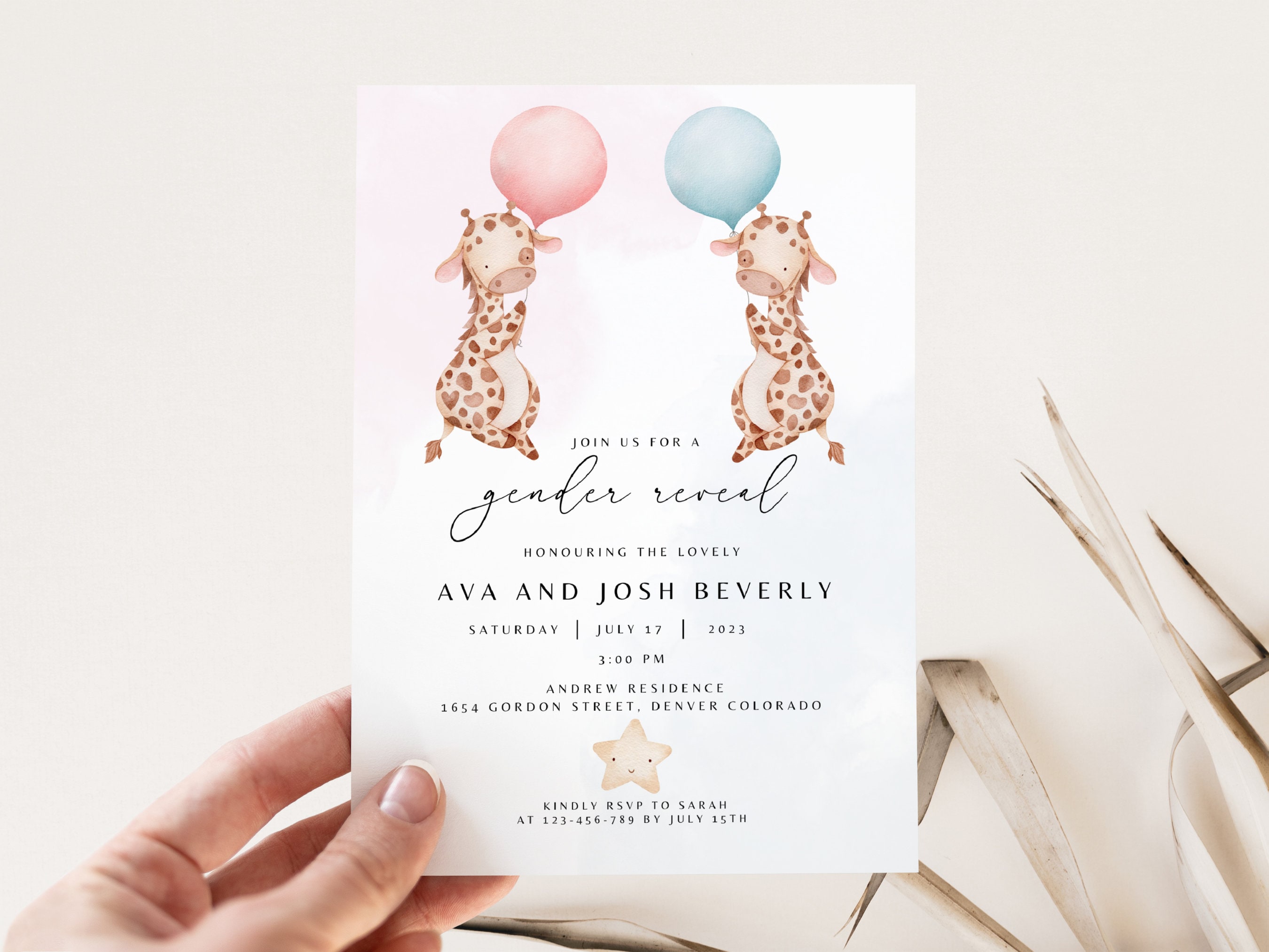 Giraffe Gender Reveal Invitation Template: Editable Baby Shower Invite ...